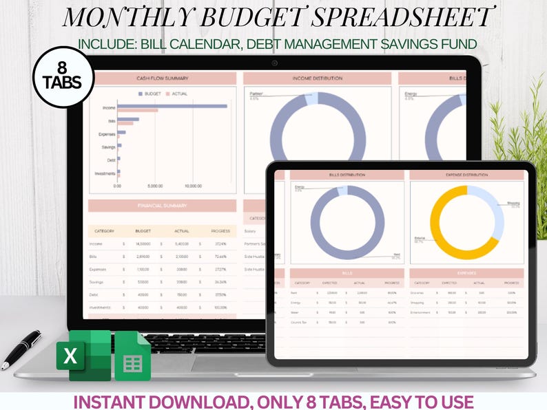 Monthly Budget Spreadsheet | Auto-calculating Google Sheets & Excel ...