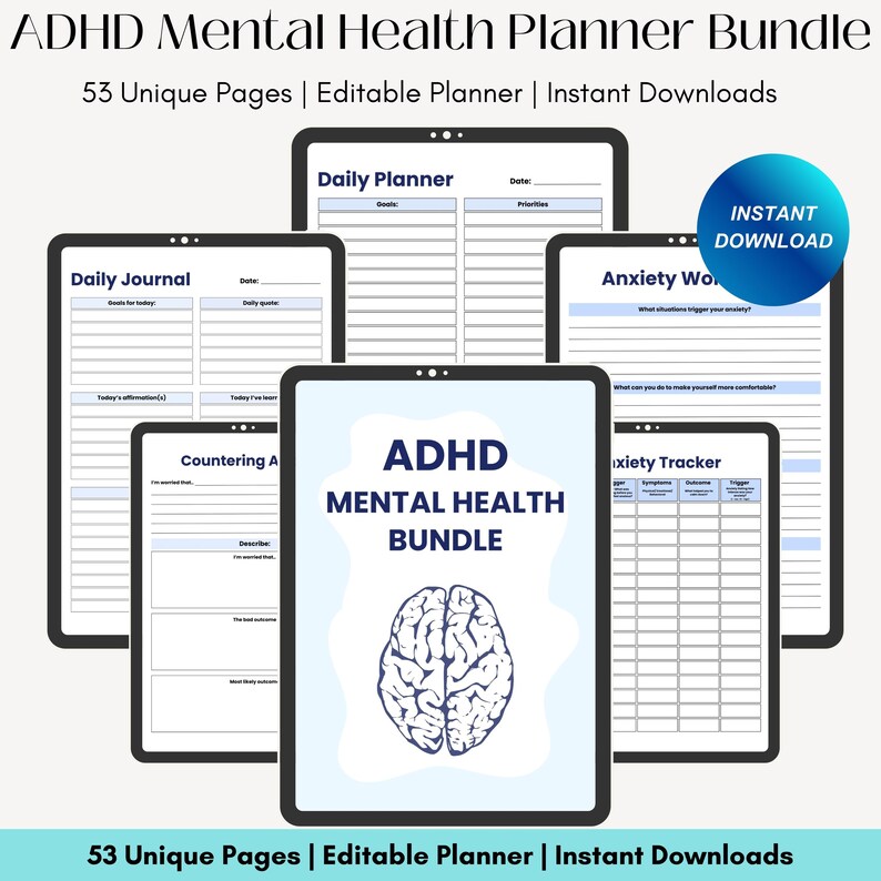 ADHD & Mental Health Planner, ADHD Planners Therapy Worksheets, ADHD ...