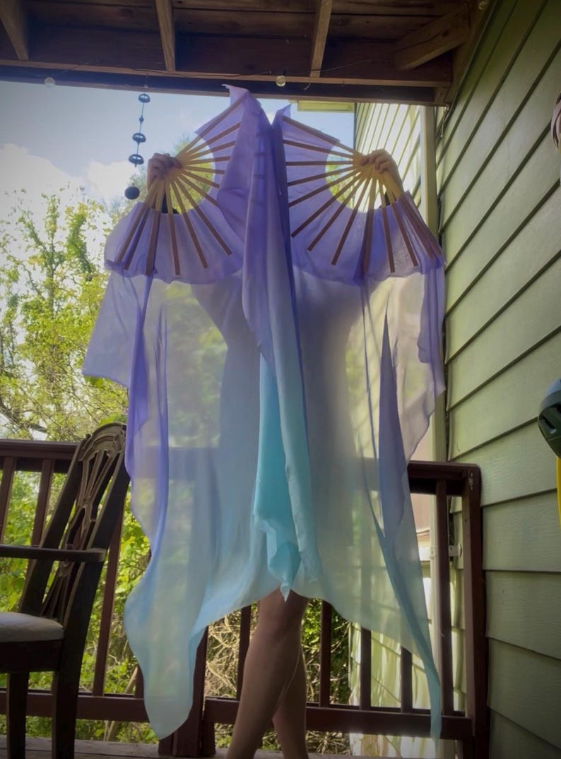 UV Reactive Ice Princess Silk Veil Fans • Lavender + Ice Blue Hand Dyed ...