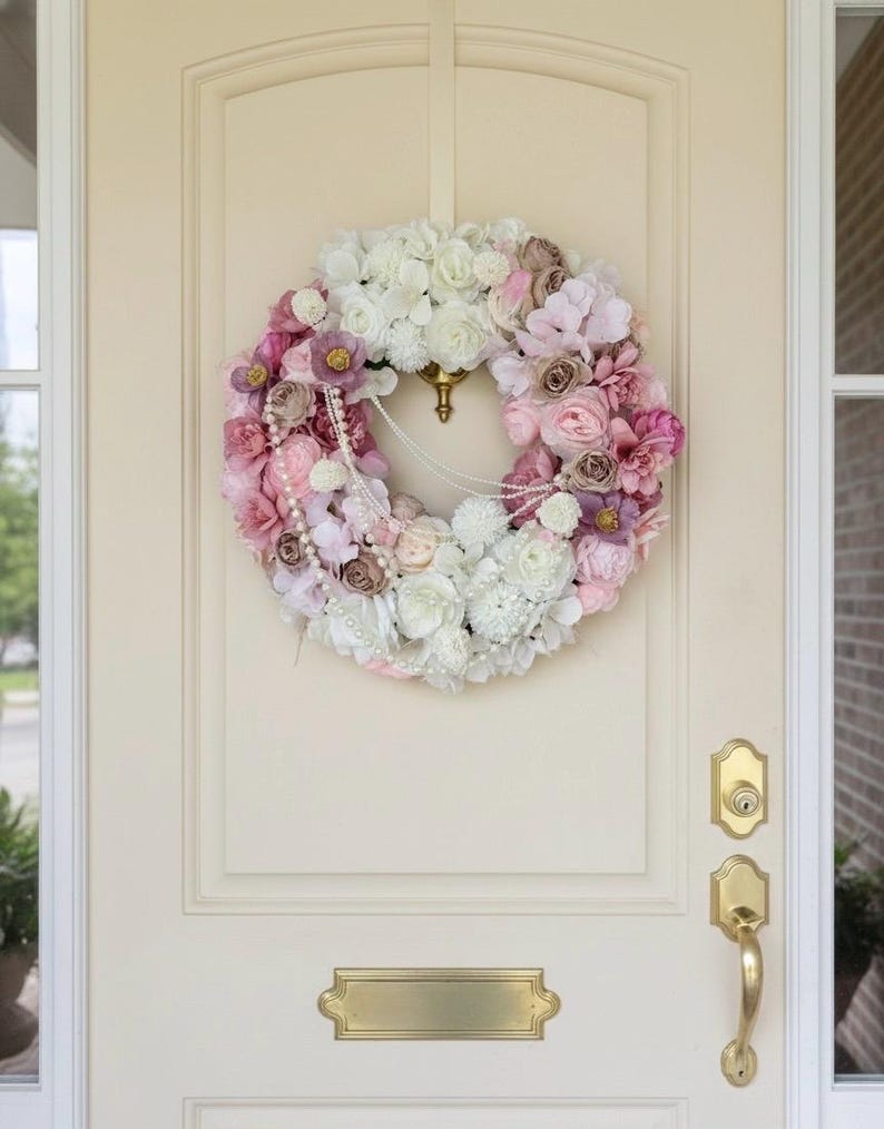 Luxury Faux Flower Wreath, Pink Roses, Pearl Garland Door Decor - Etsy