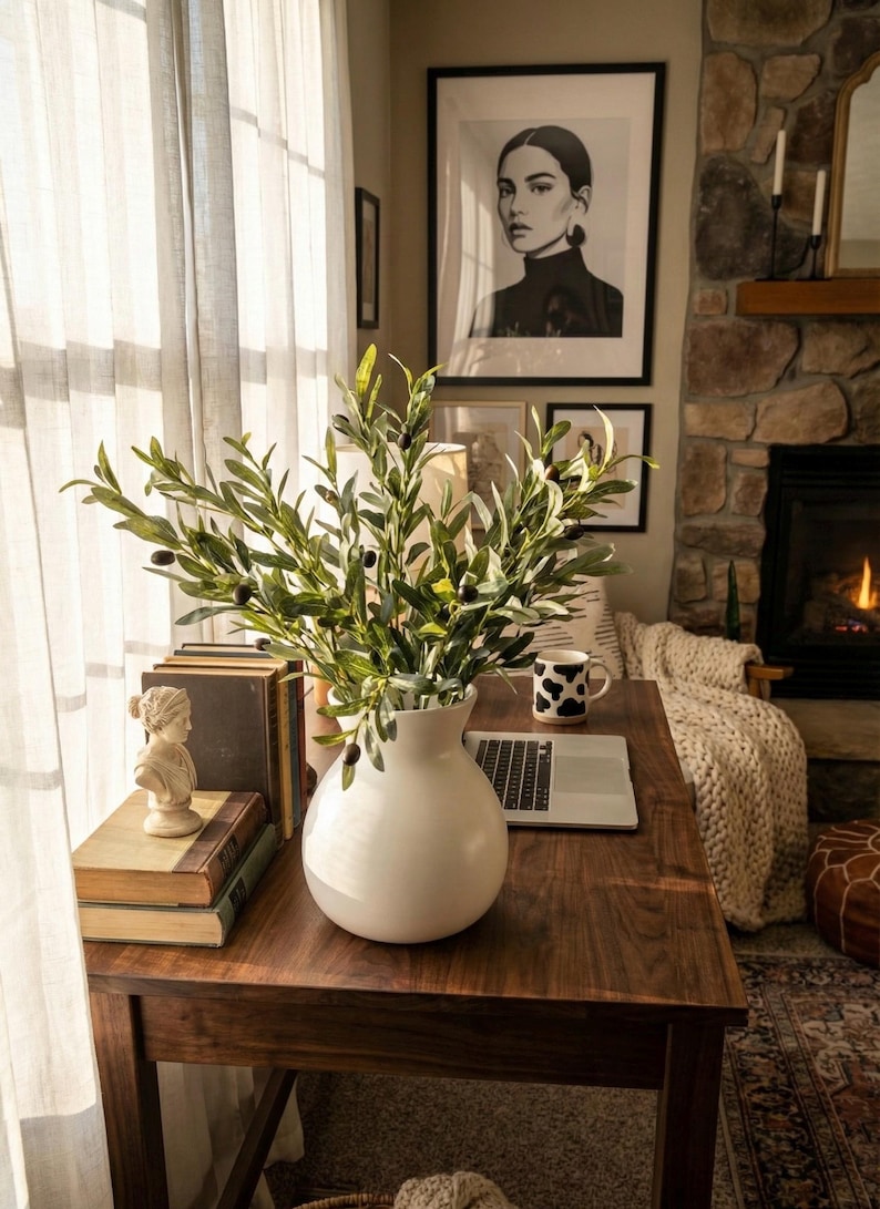 Artificial Olive Branches in Vase Faux Greenery Stems Farmhouse Decor ...