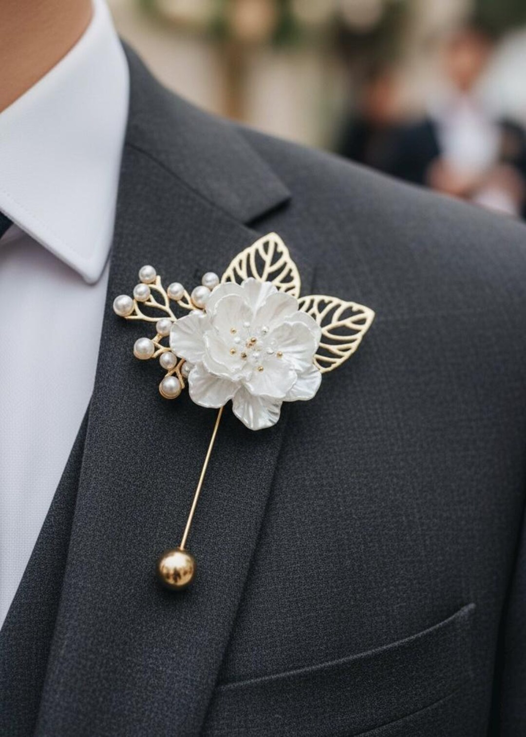 Luxury Bridal Corsage , White Floral Lapel Pin, Gold Leaf Groomsmen ...