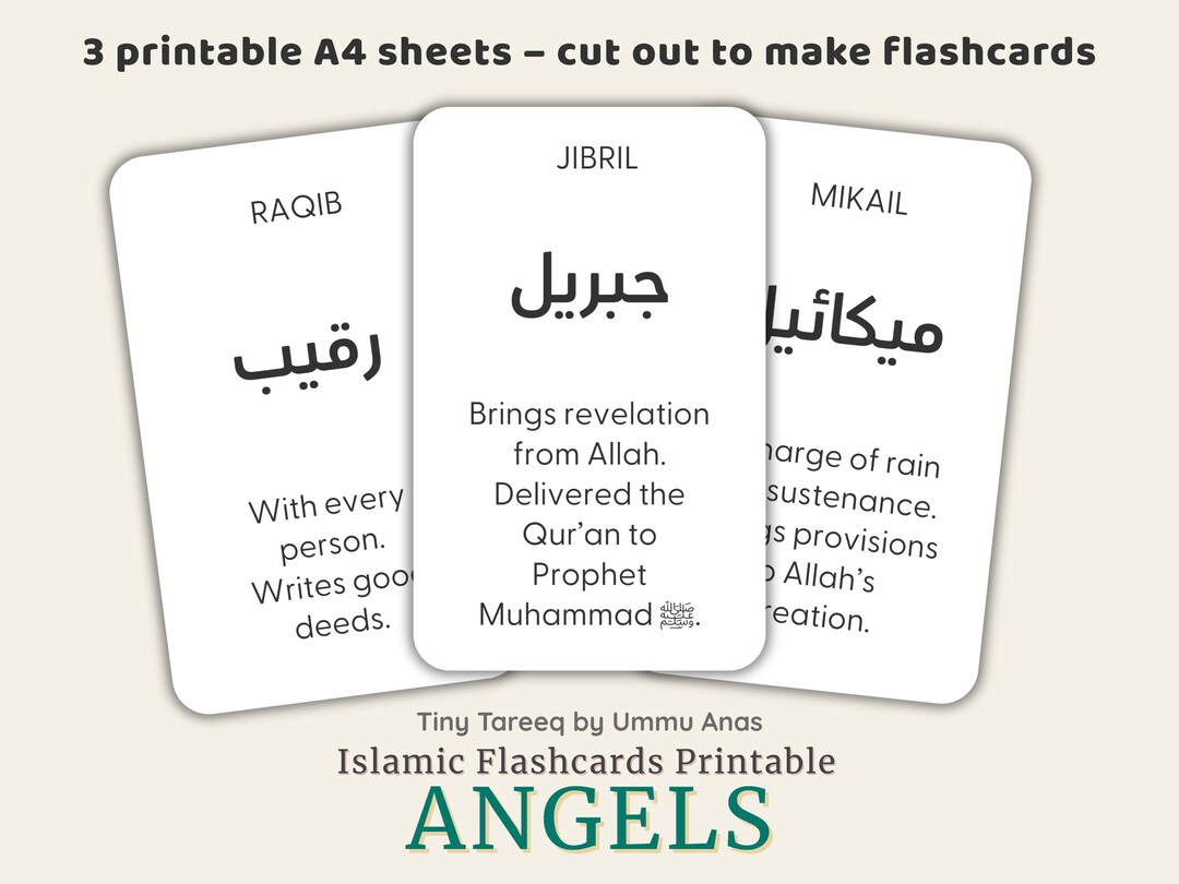 10 Angels in Islam Kids Flashcards Names & Roles (black and White ...