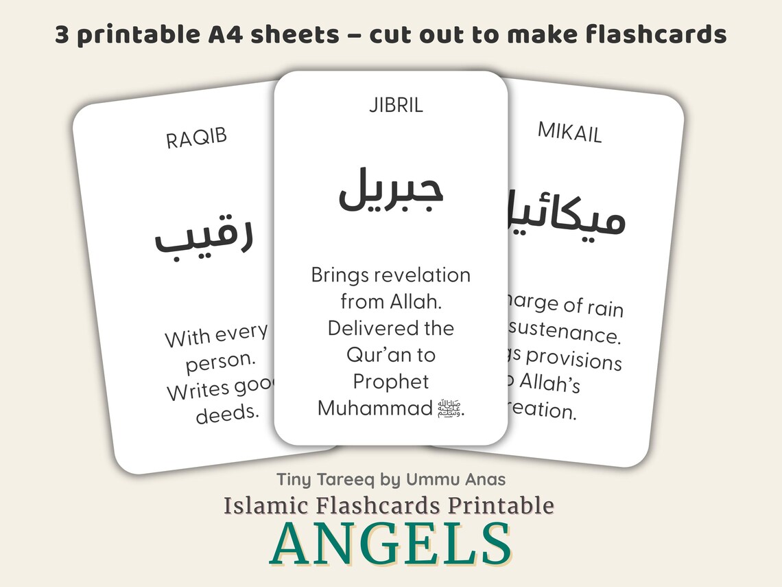 10 Angels in Islam Kids Flashcards Names & Roles (black and White ...