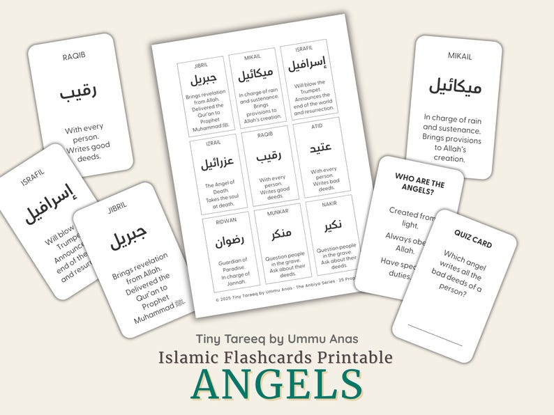 10 Angels in Islam Kids Flashcards Names & Roles (black and White ...