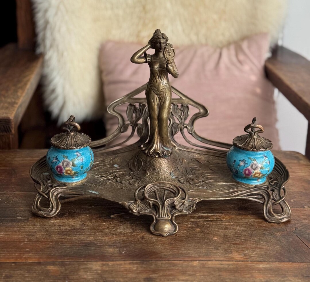 Vintage Art Nouveau Reproduction Brass Double Inkwell by Lee Wong - Etsy