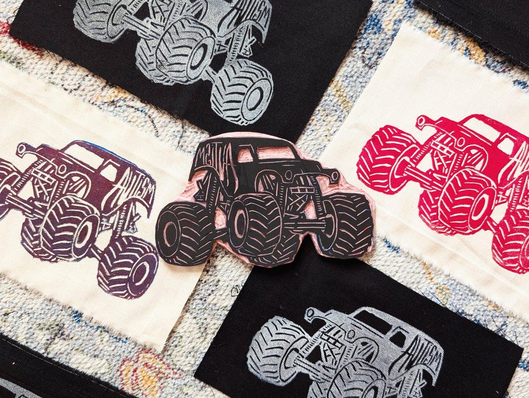 AUTISM Monster Truck Hand-printed Linocut Patch - Etsy