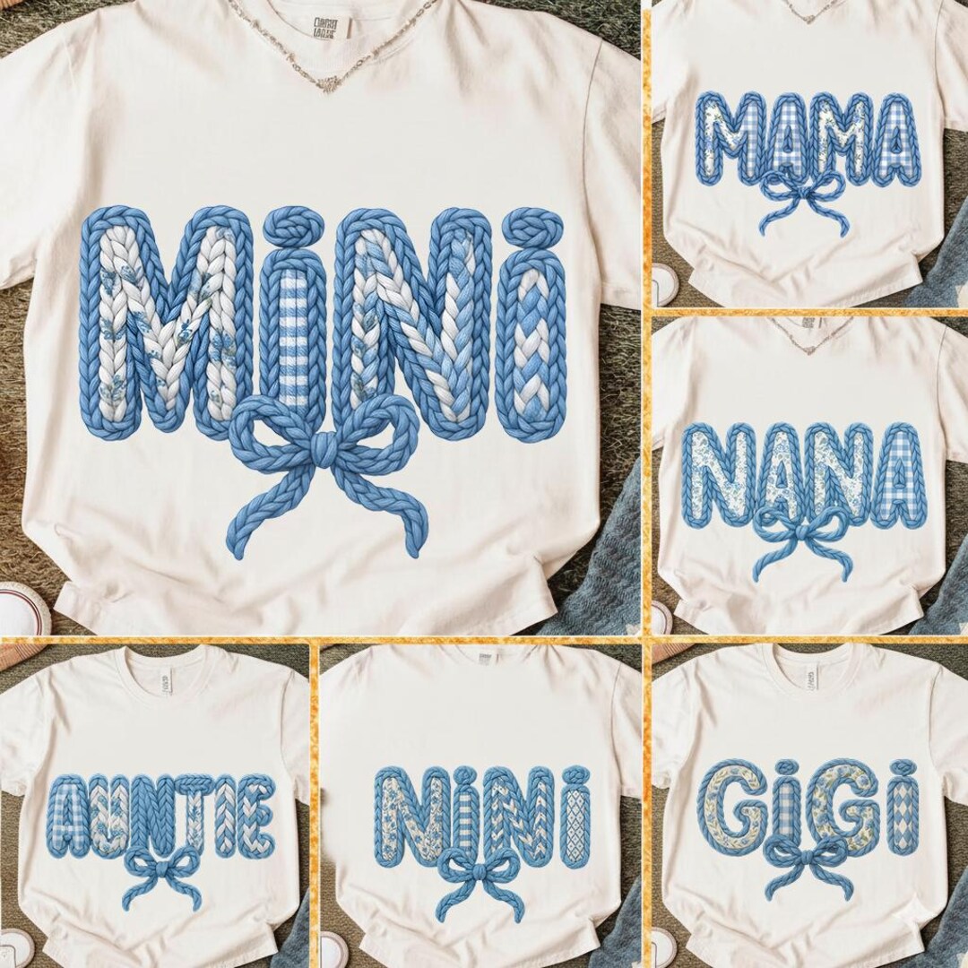Knitted Word PNG Bundle Blue Yarn Texture Family Matching Set Mama Mini ...