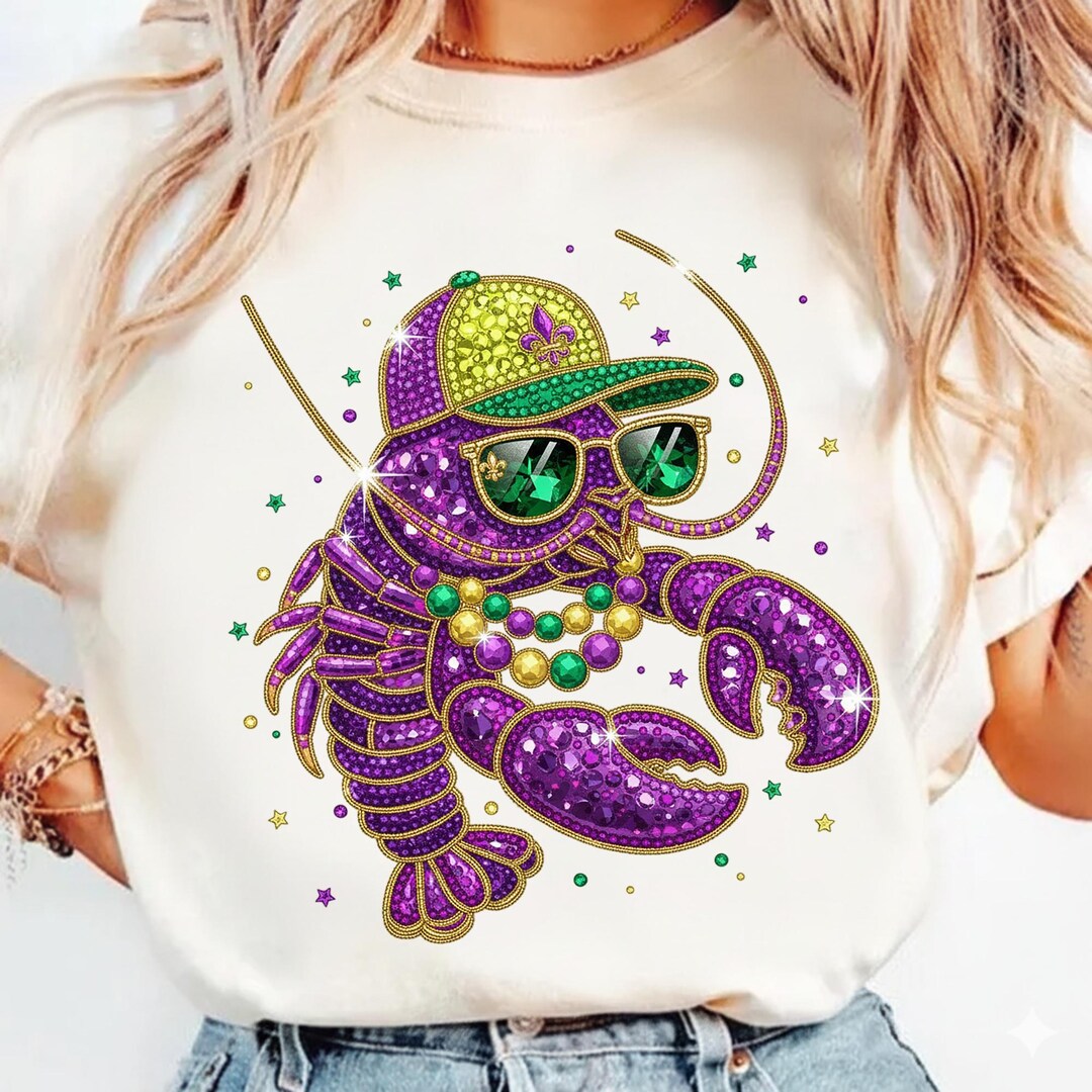 Mardi Gras Crawfish PNG, Purple Gold Lobster Design, Beads Mask Hat ...
