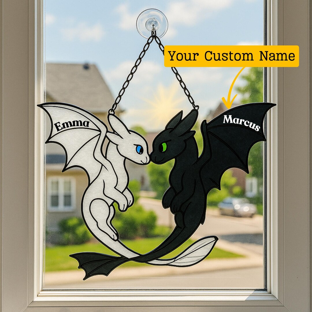Custom Name Acrylic Suncatcher, Toothless and Light Fury Dragon Stained ...