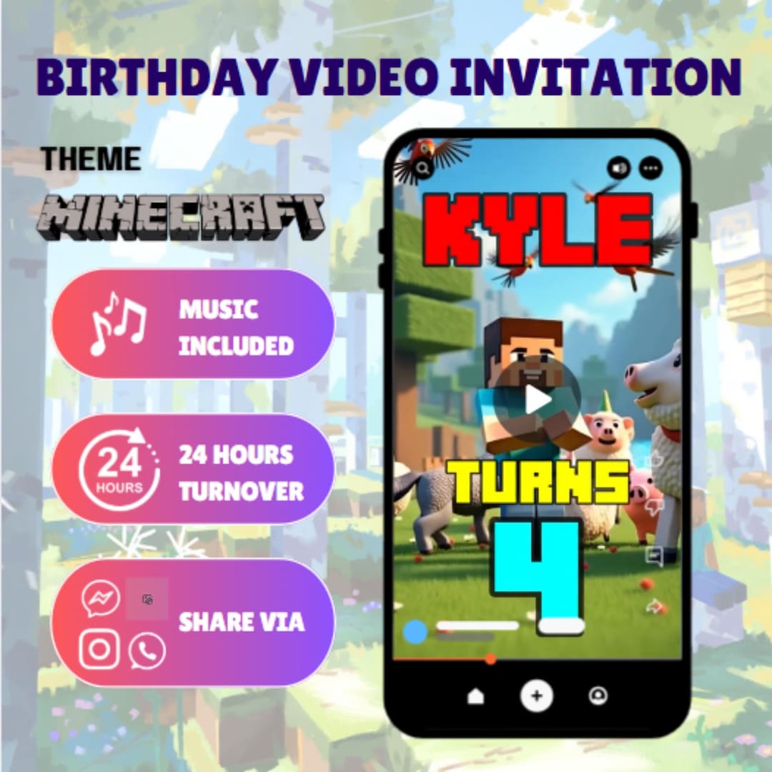 Minecraft Birthday Invitation, Minecraft Party Invite, Minecraft Video ...