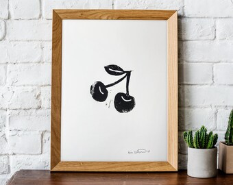 Cherry Art Print — Linocut Relief Block Print Fruit Art for Kitchen ...