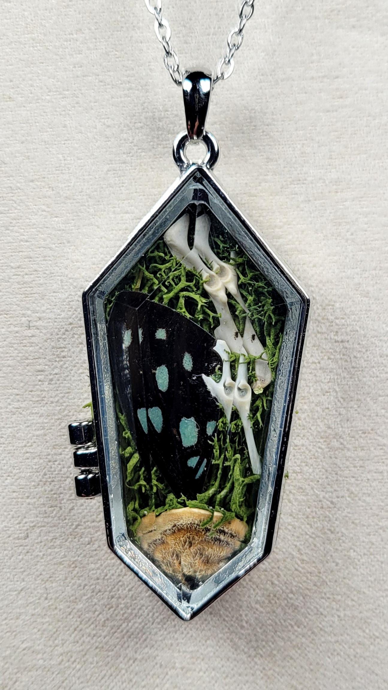 Bone & Botanical Shadowbox Coffin Locket Necklace, Stainless Steel ...