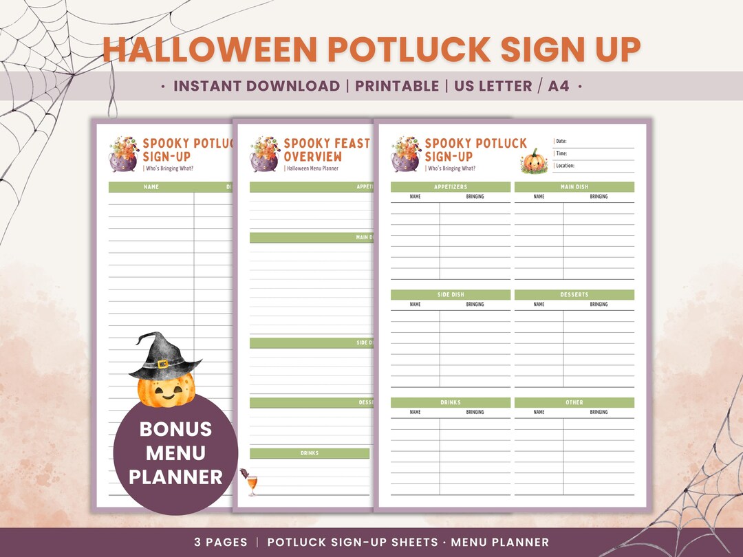 Halloween Potluck Sign-up Sheet & Party Menu Planner Printable ...