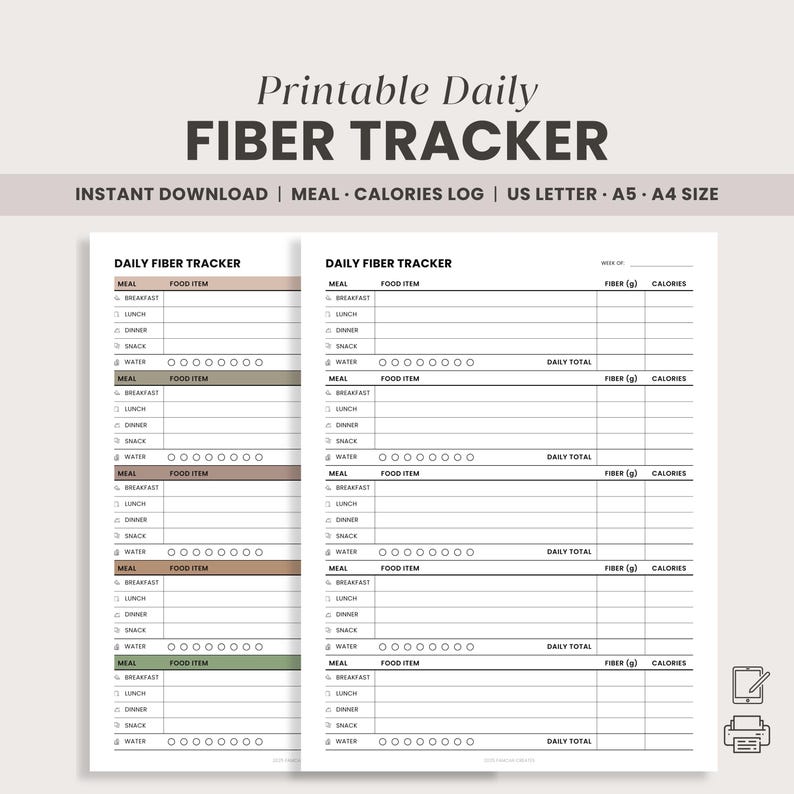 Fiber Food Tracker Printable, Daily Fiber Food Log | Water Intake ...