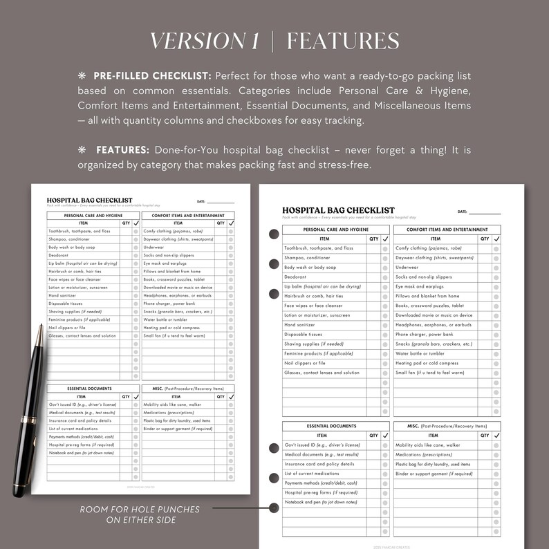 Hospital Bag Checklist Printable | Medical Packing List for Surgery ...