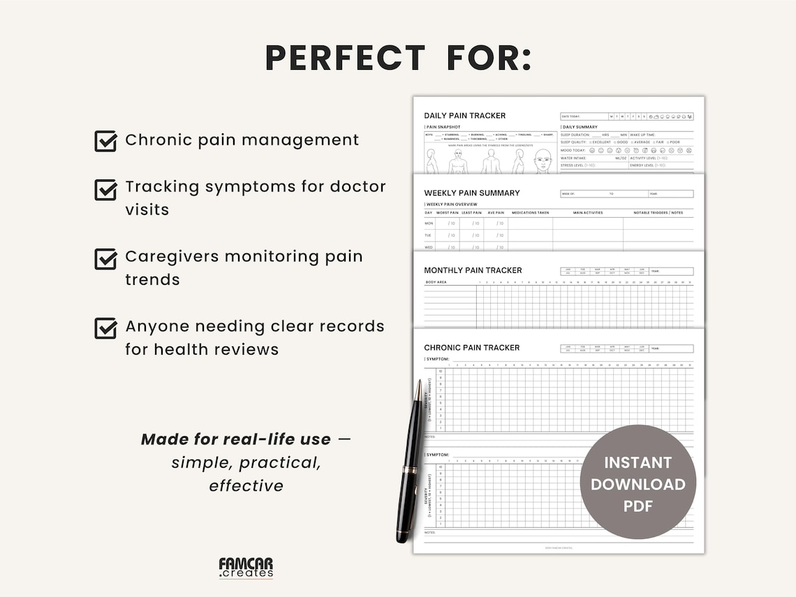 Chronic Pain Tracker Printable Pain Diary, Spoonie Symptom Journal ...