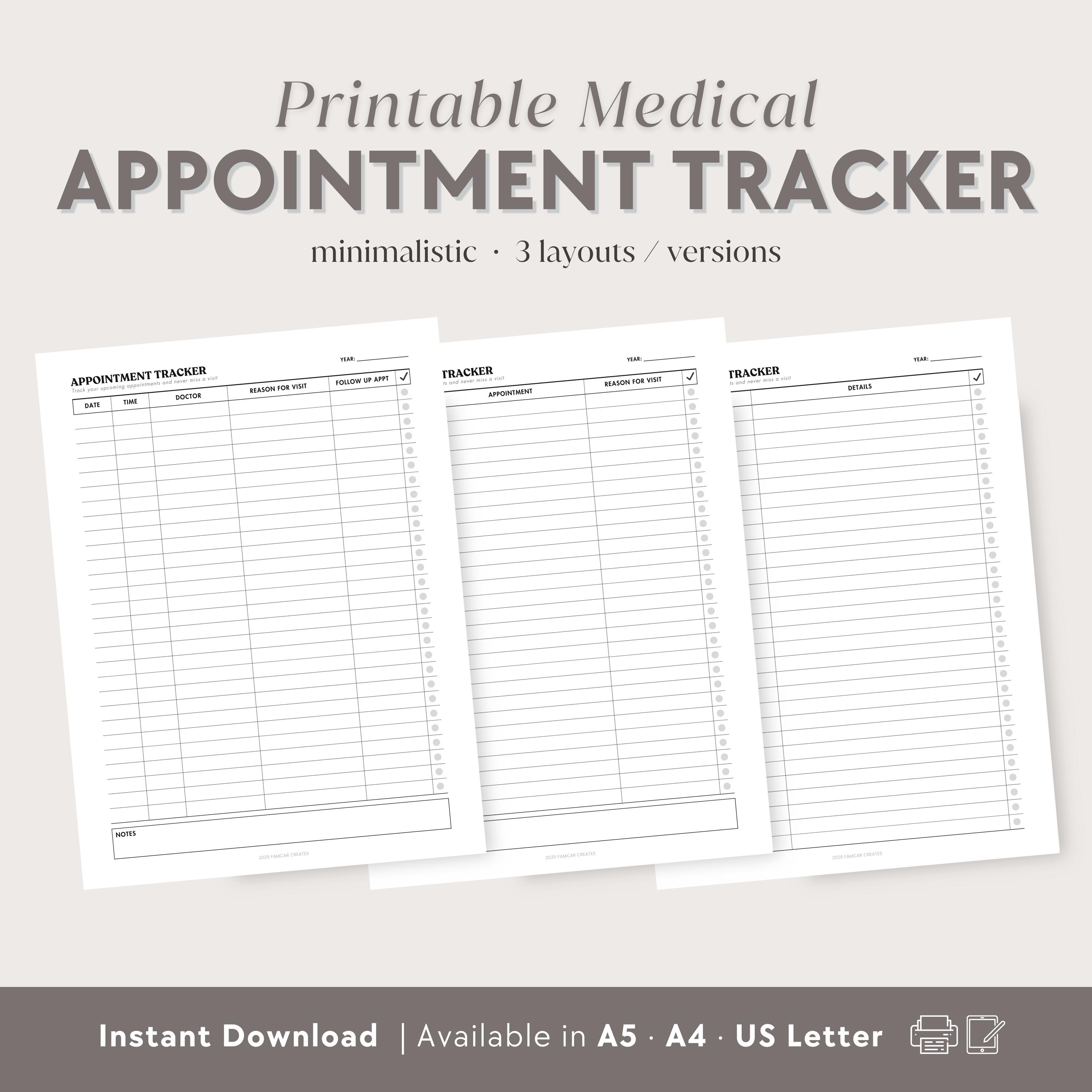 Simple Appointment Tracker | Printable Medical Appointment Chart, 3 ...
