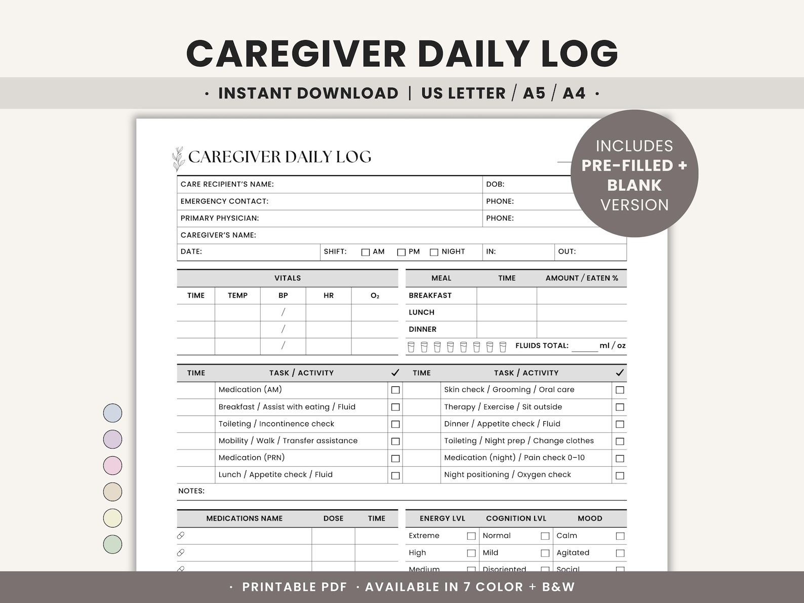 Elderly Care Daily Log Printable Caregiver Checklist for Senior Care ...
