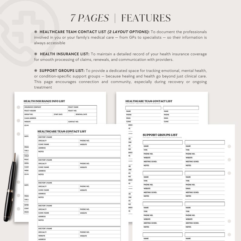 Medical Contact List Bundle | Printable Emergency Contacts, Insurance ...