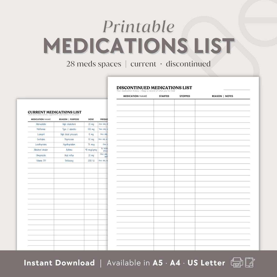 Medication List Printable | Current & Discontinued Medications Log ...