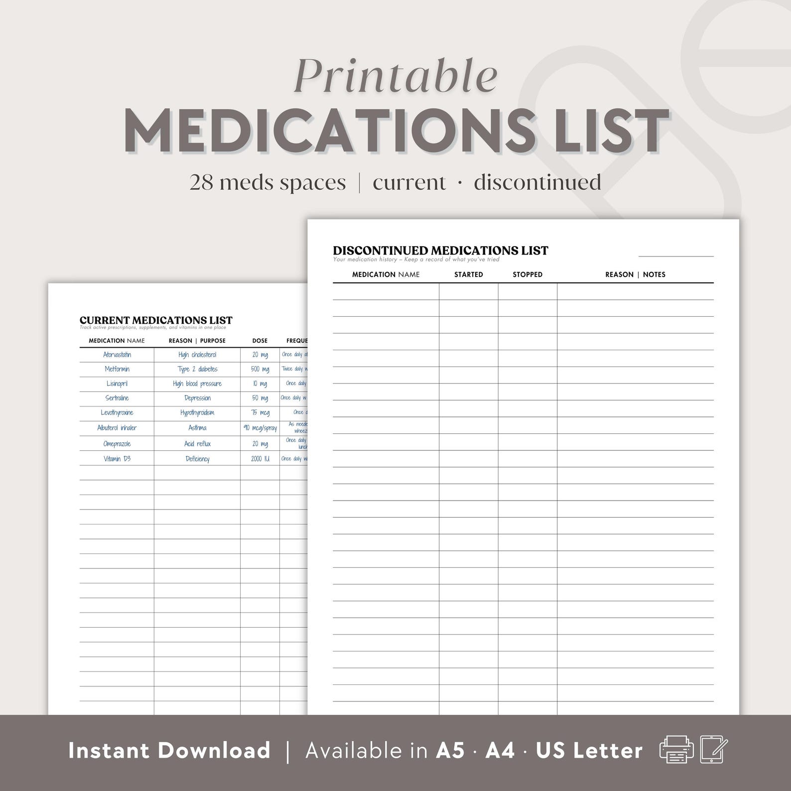 Medication List Printable | Current & Discontinued Medications Log ...
