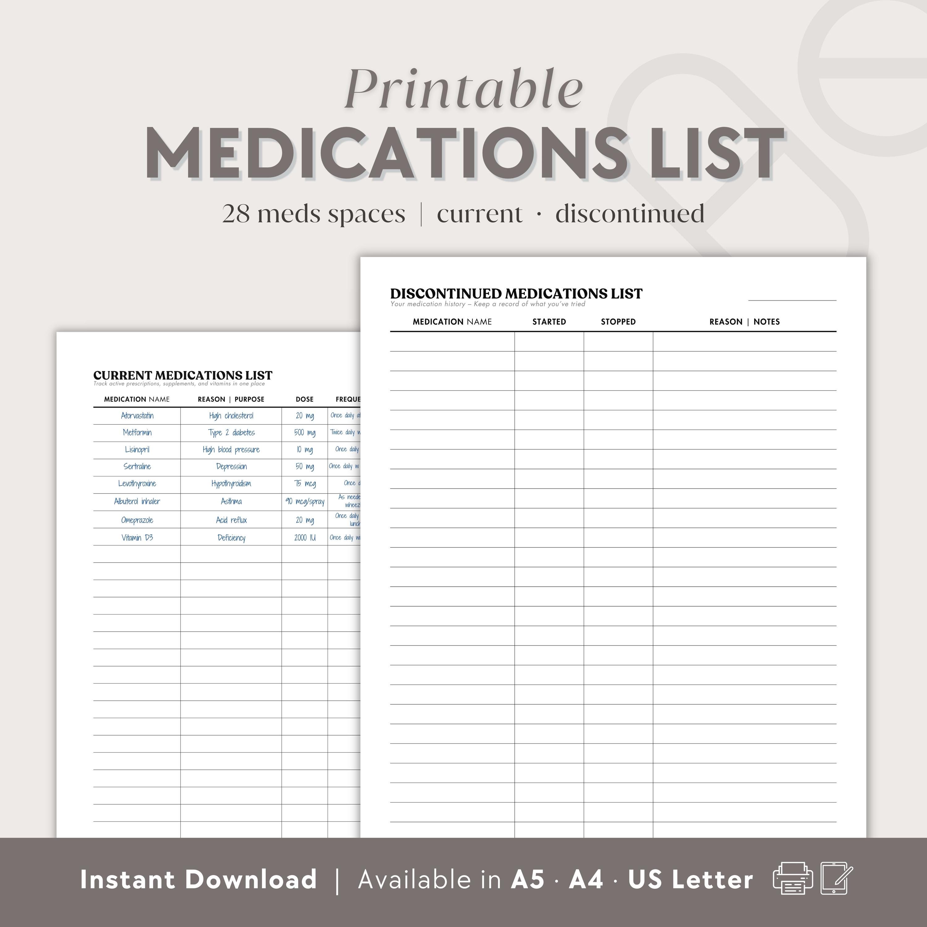 Medication List Printable | Current & Discontinued Medications Log ...