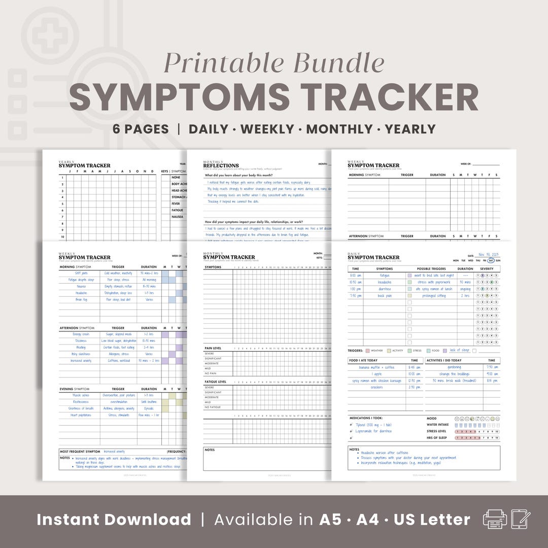 Symptoms Tracker Bundle | Printable Daily, Weekly, Monthly, Yearly ...