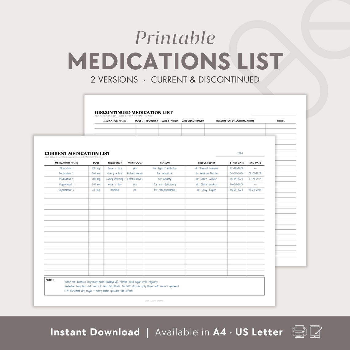 Medicine List Printable, Medications Log, Current & Discontinued ...