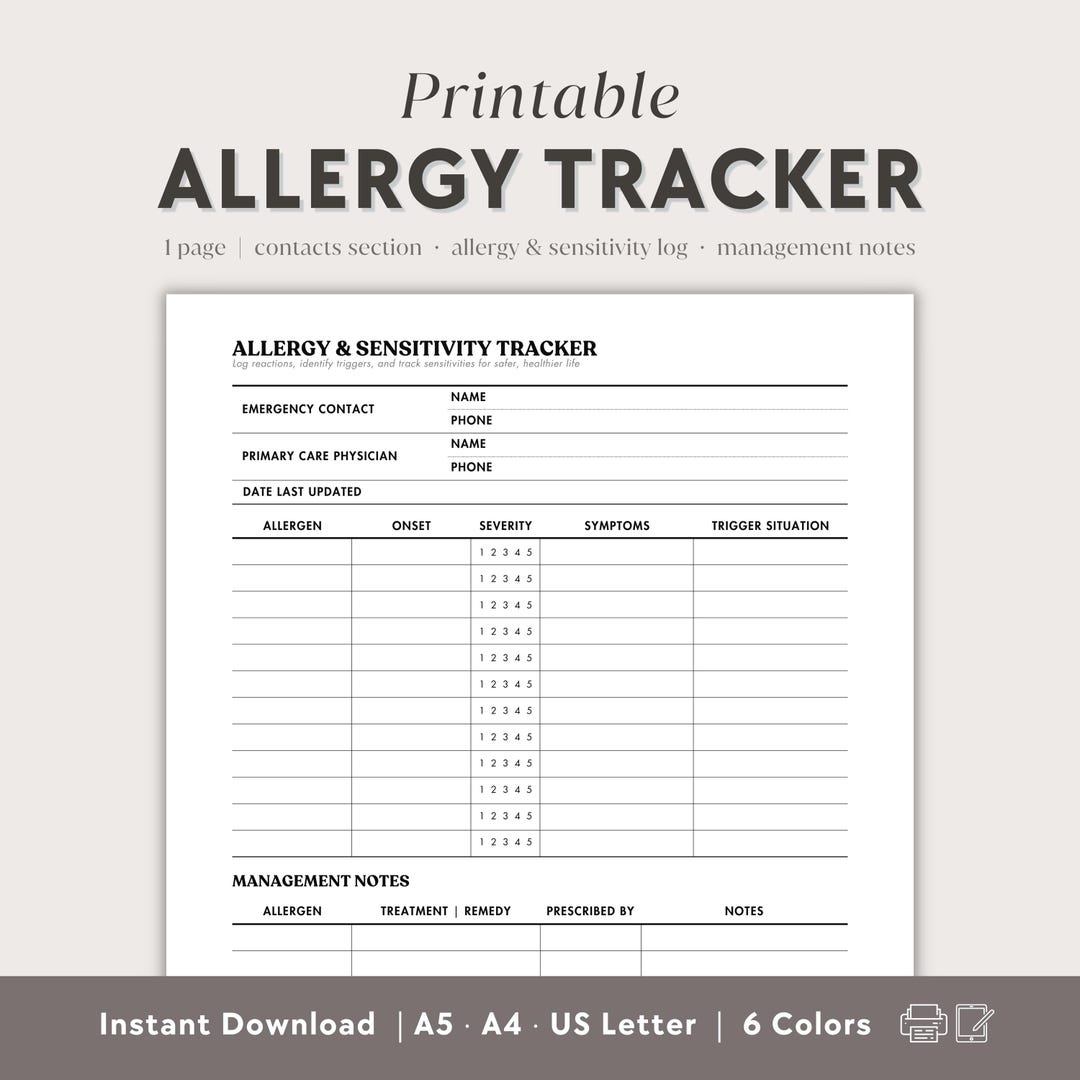 Allergy & Sensitivity Tracker | Allergen Log, Symptoms, Emergency ...