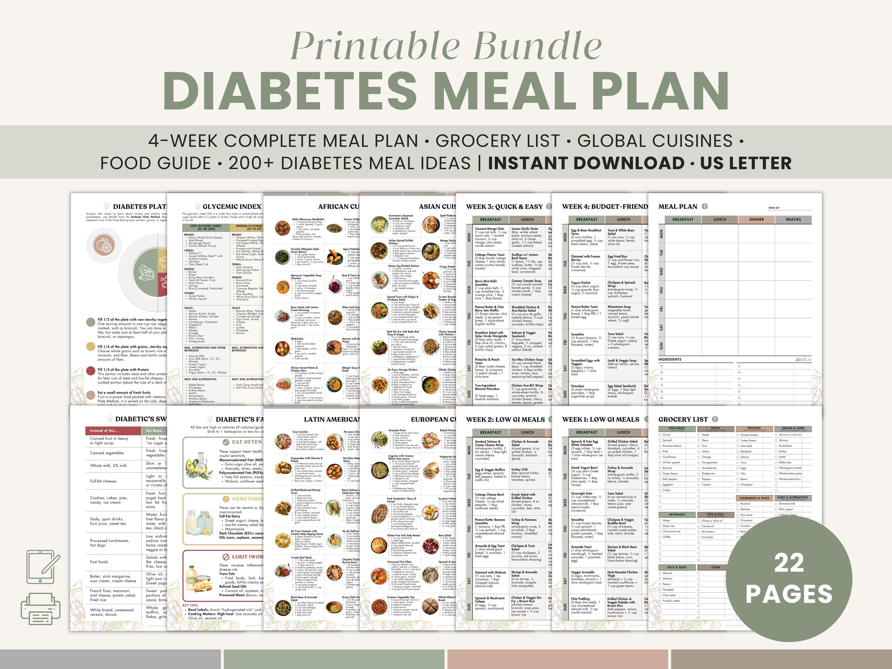 Diabetic Meal Plan Printable, Diabetes Food List Bundle, Pre Diabetic ...