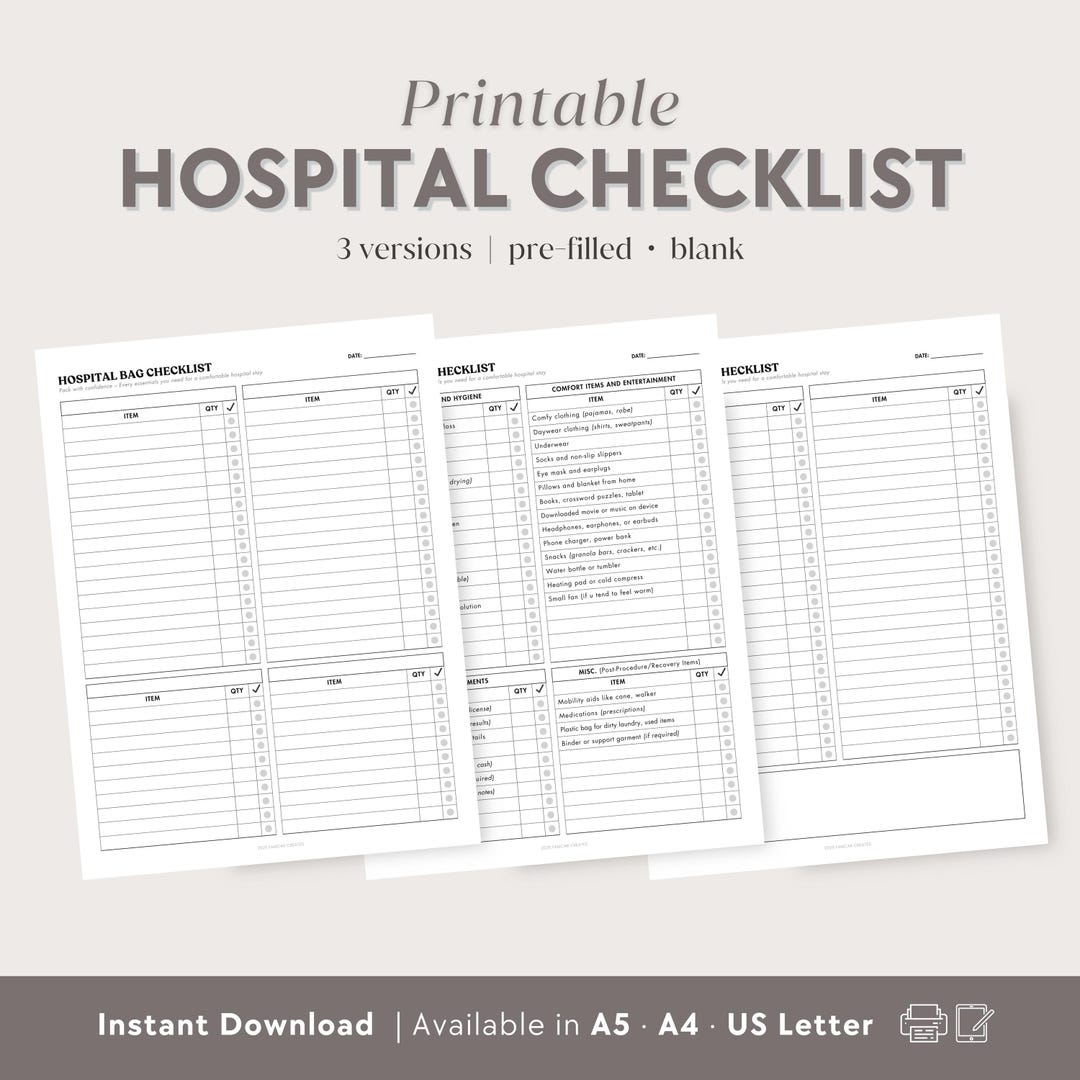 Hospital Bag Checklist Printable | Medical Packing List for Surgery ...