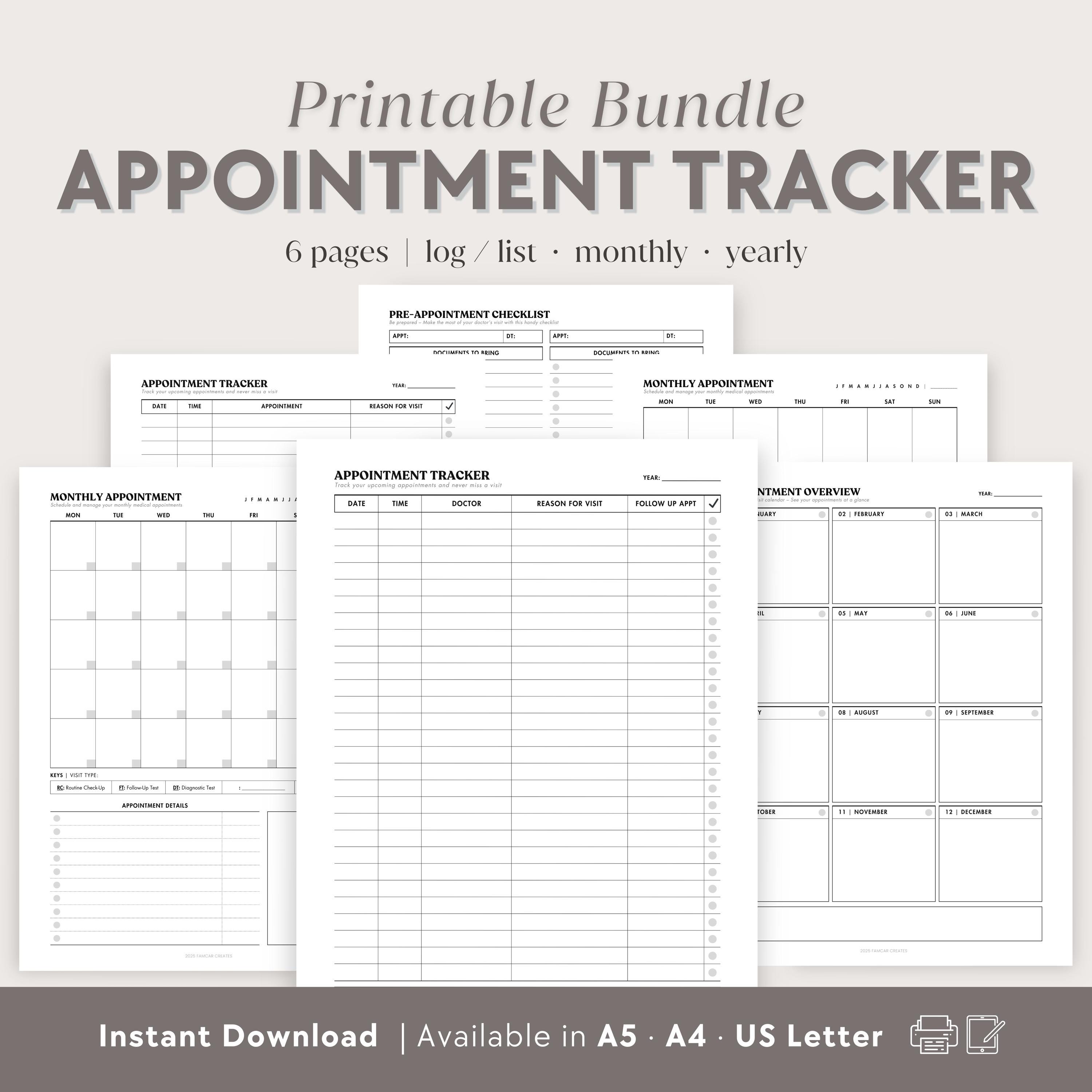 Medical Appointment Tracker Printable | Monthly & Yearly Appointment ...