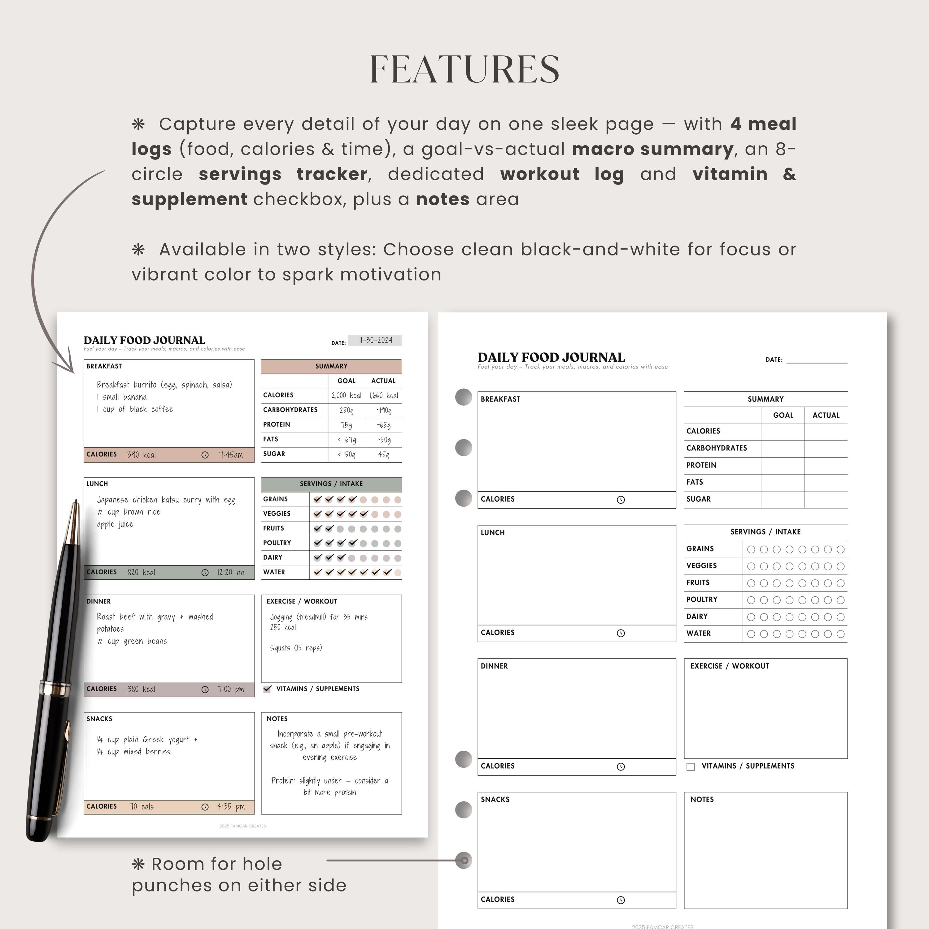 Daily Food Journal | Printable Meal Plan, Calories Tracker, Macro ...