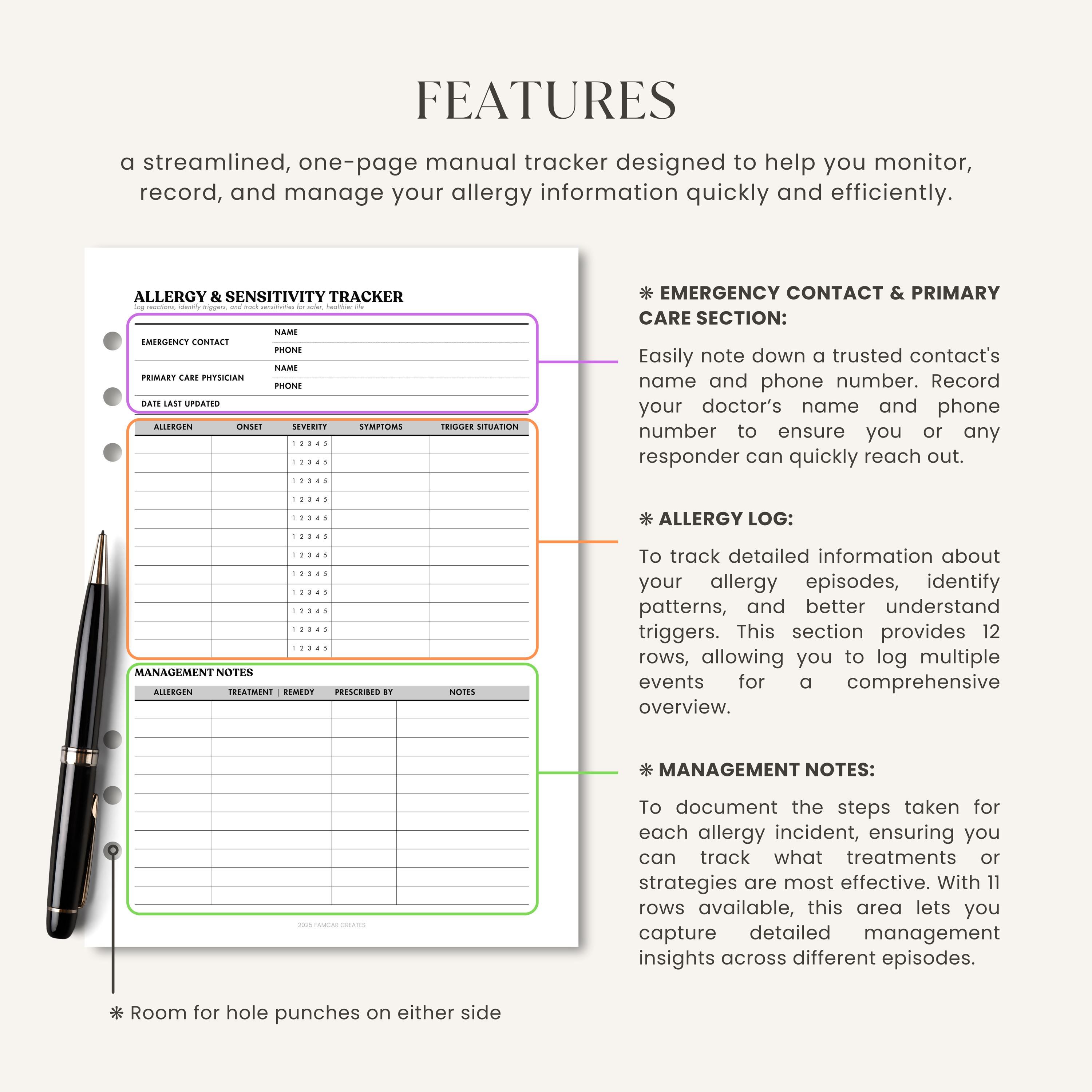 Allergy & Sensitivity Tracker | Printable Emergency Contact, Symptoms ...