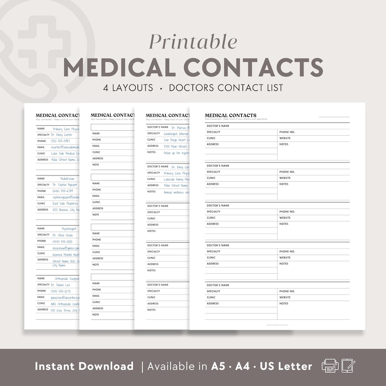 Medical Contacts Printable | Doctor Specialist Contact List, Healthcare ...