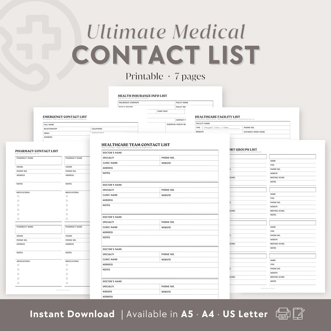 Medical Contact List Bundle | Printable Emergency Contacts, Insurance ...