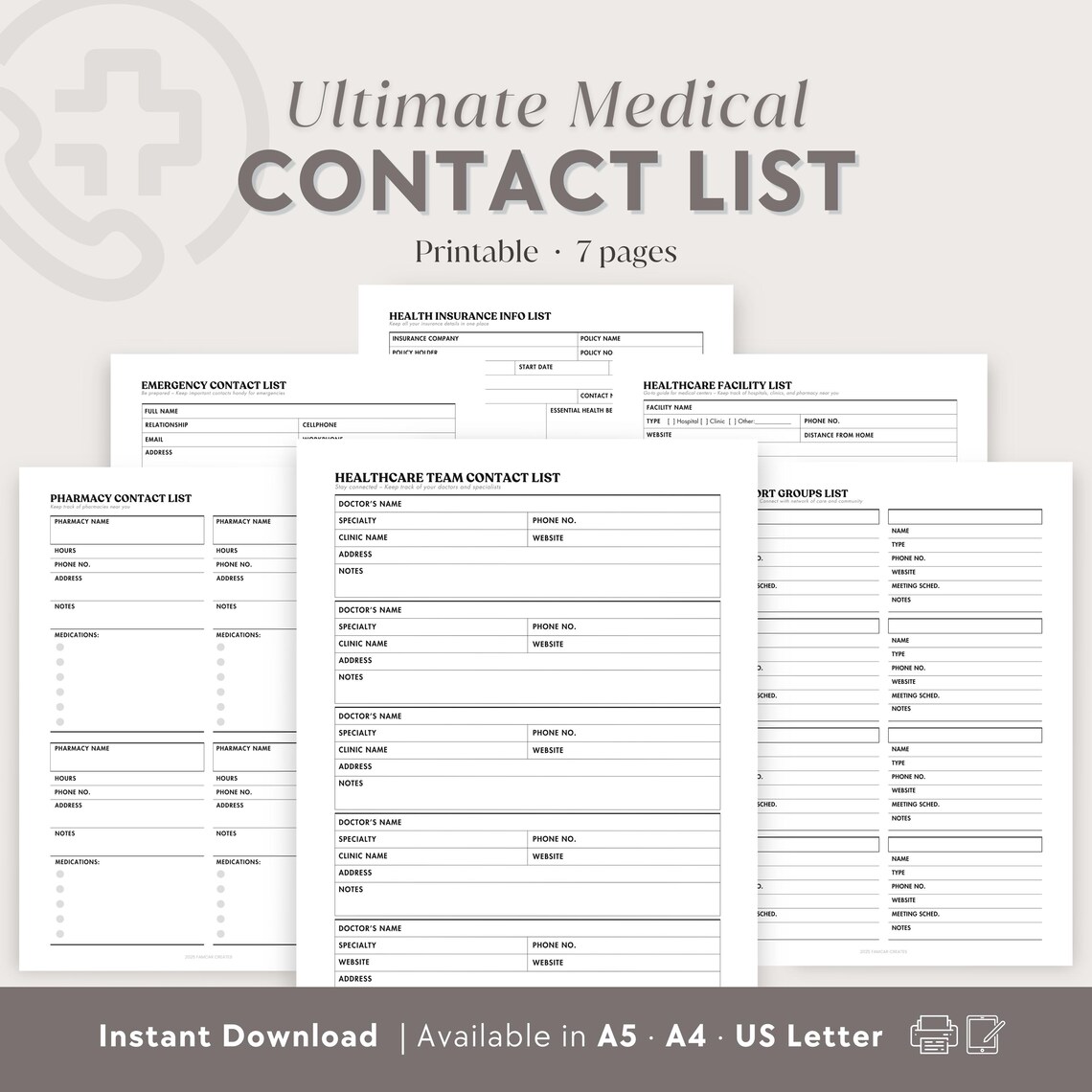 Medical Contact List Bundle | Printable Emergency Contacts, Insurance ...