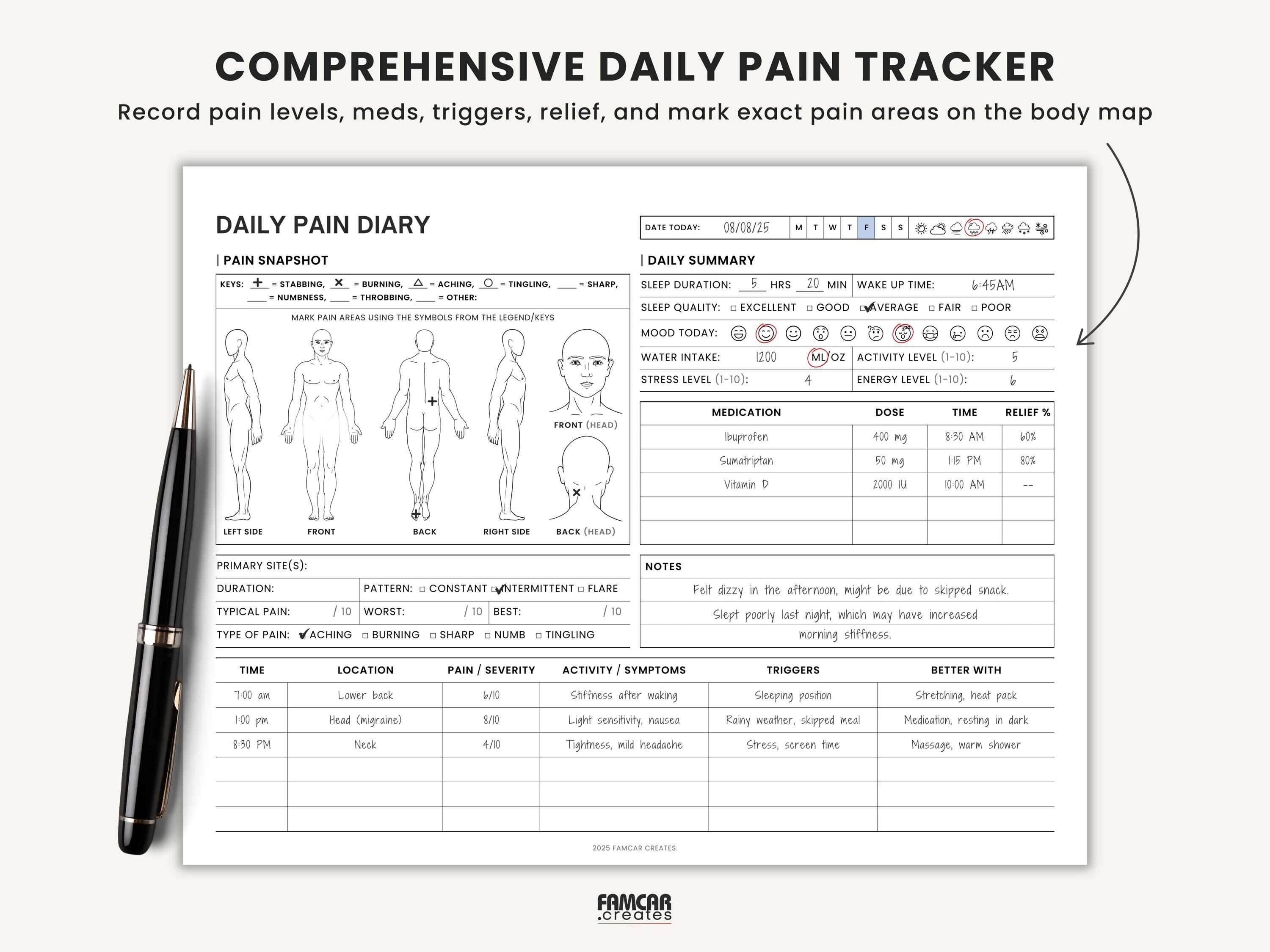 Chronic Pain Tracker Printable Pain Diary, Spoonie Symptom Journal ...
