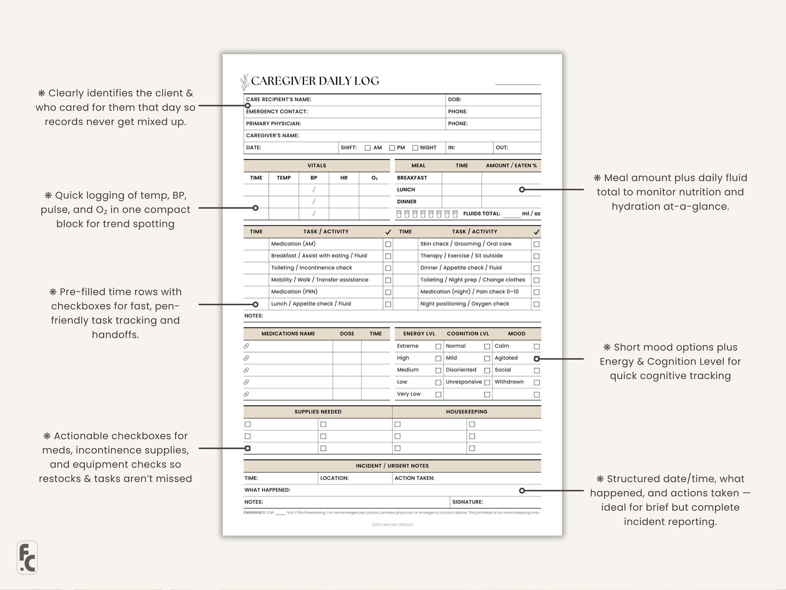 Elderly Care Daily Log Printable Caregiver Checklist for Senior Care ...