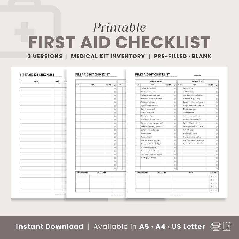 First Aid Kit List Printable | Medical Kit Inventory Chart, Pre-filled ...