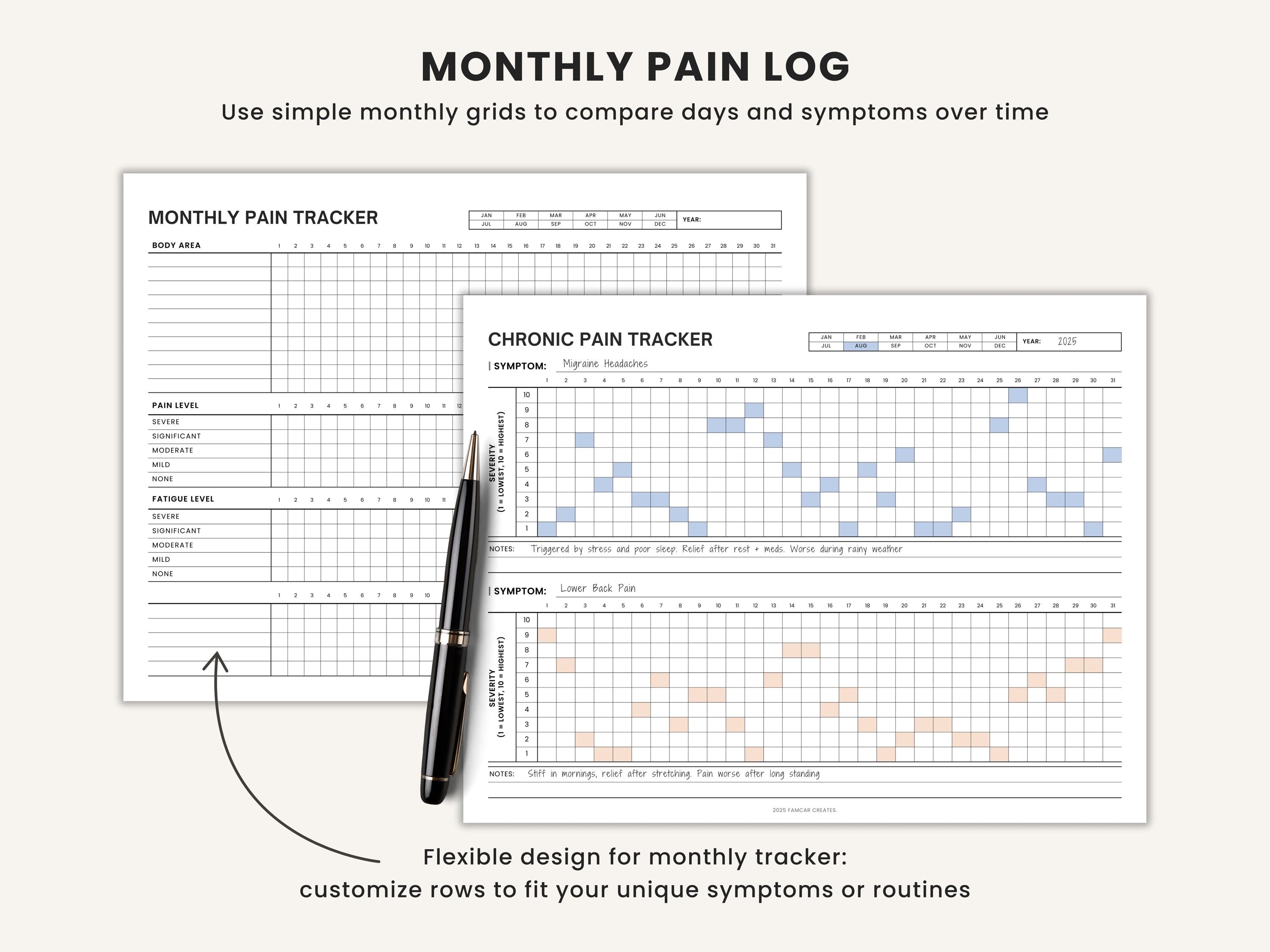 Chronic Pain Tracker Printable Pain Diary, Spoonie Symptom Journal ...