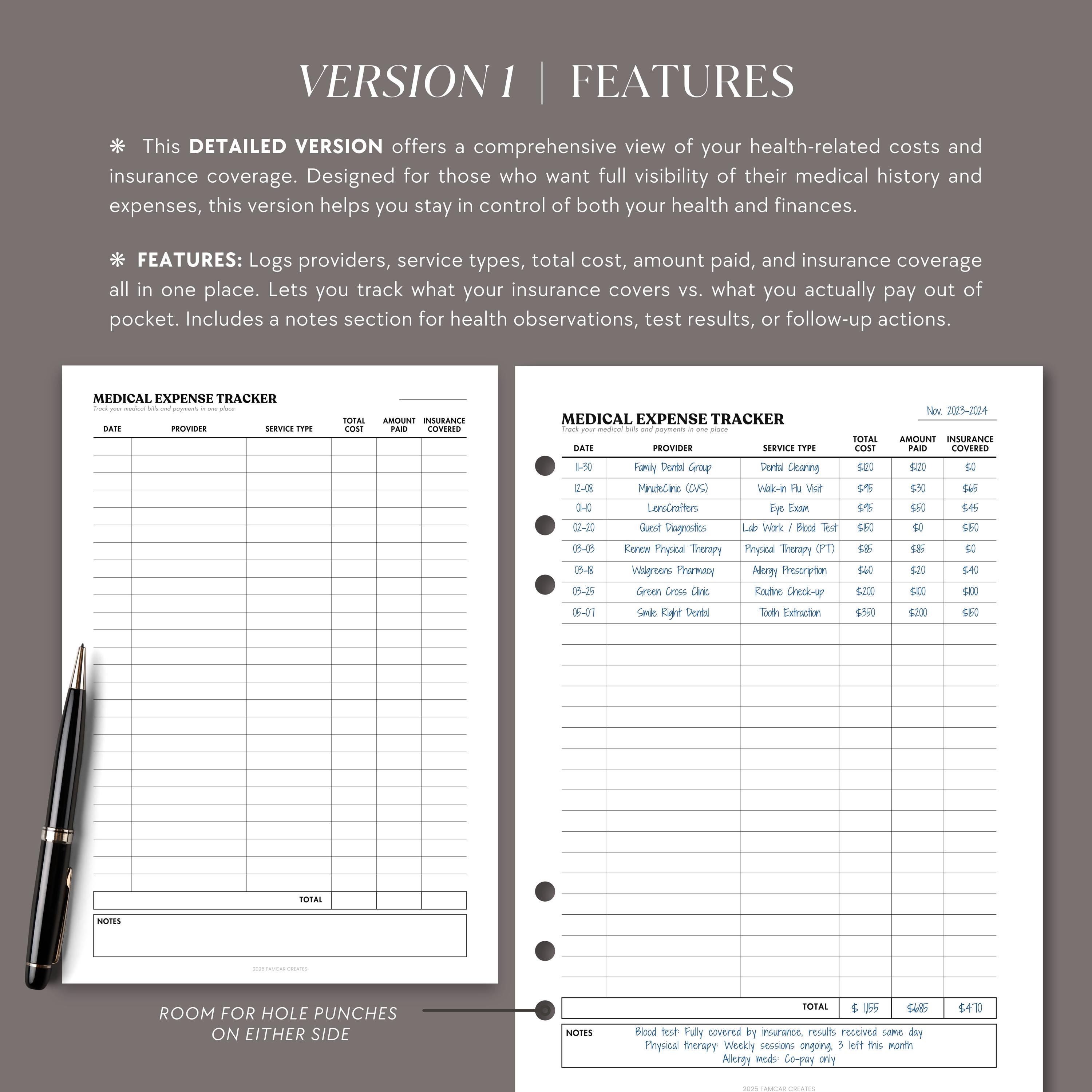 Medical Expense Tracker, Printable Hospital Bills, Health Budget ...