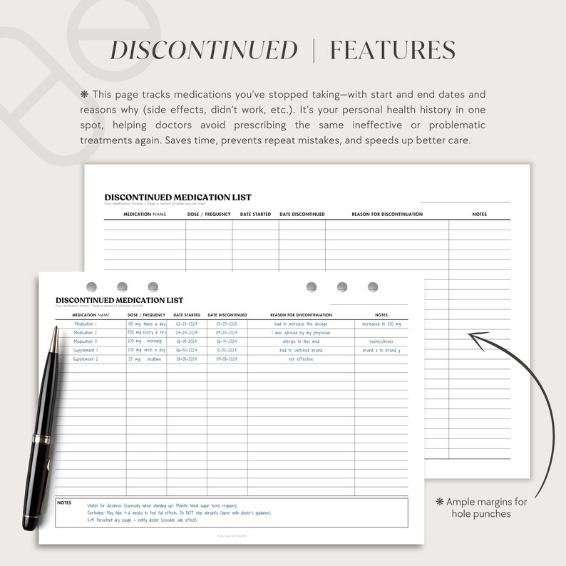 Medicine List Printable, Medications Log, Current & Discontinued ...