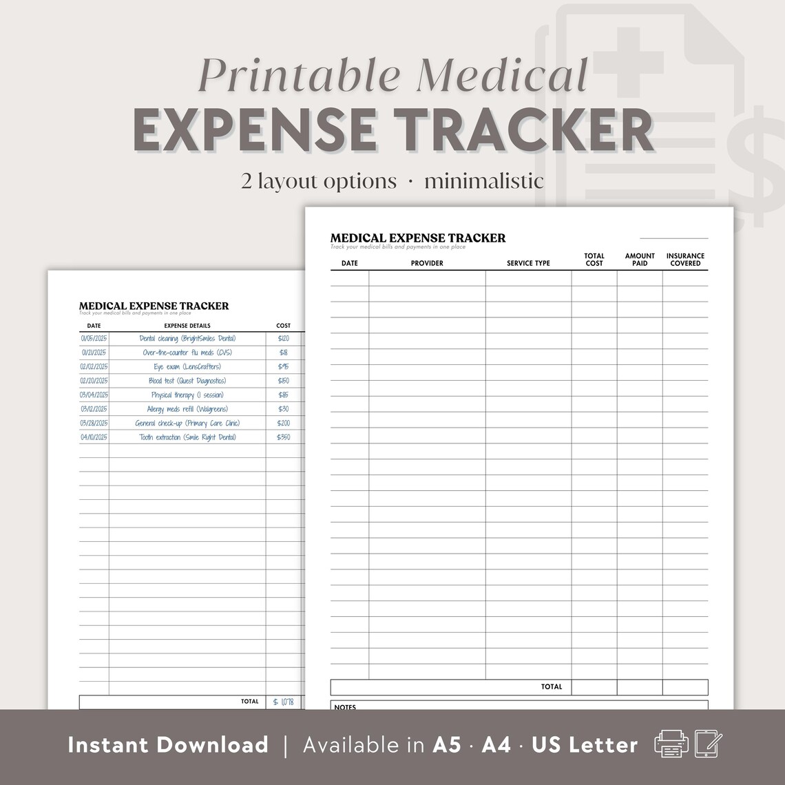 Medical Expense Tracker, Printable Hospital Bills, Health Budget ...