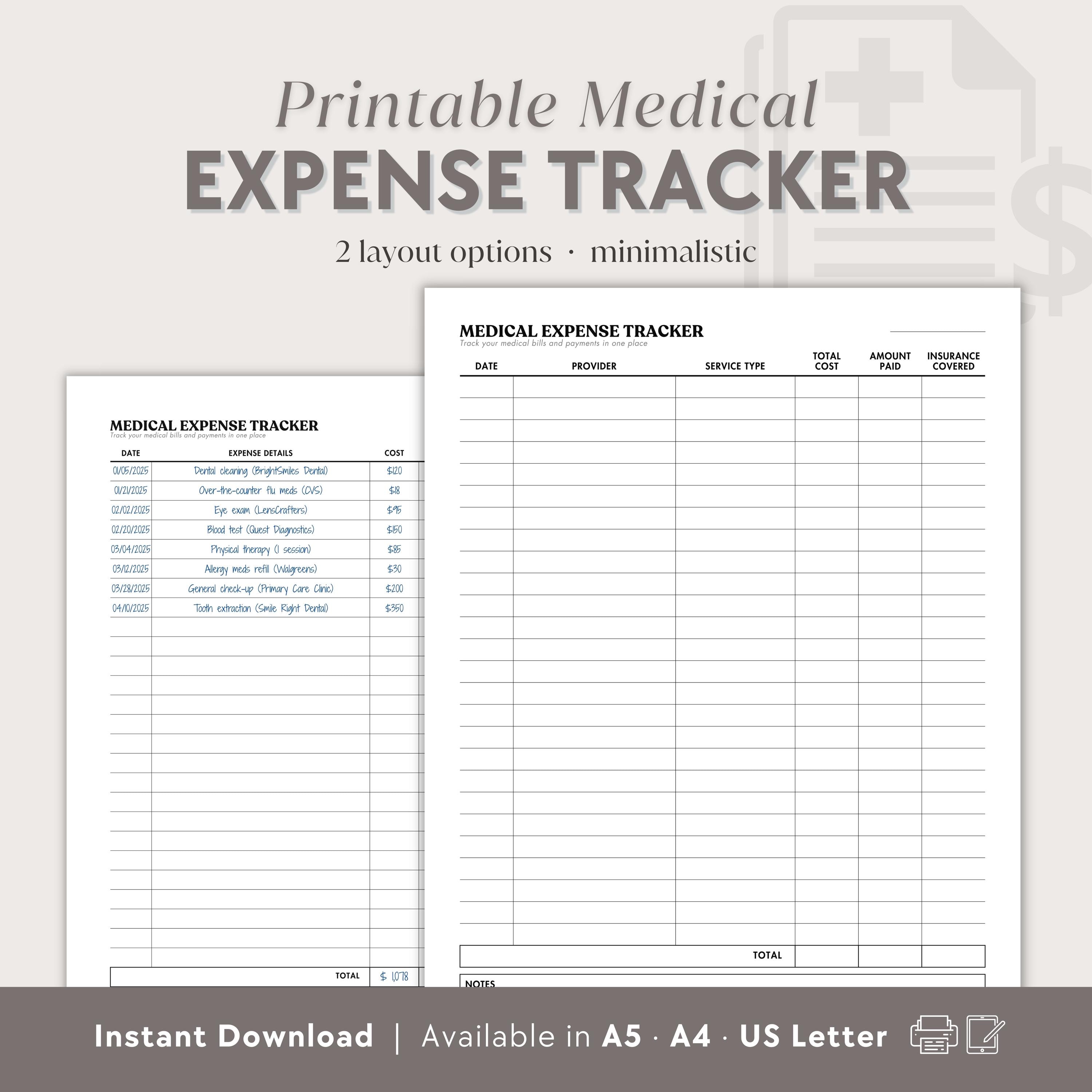 Medical Expense Tracker, Printable Hospital Bills, Health Budget ...