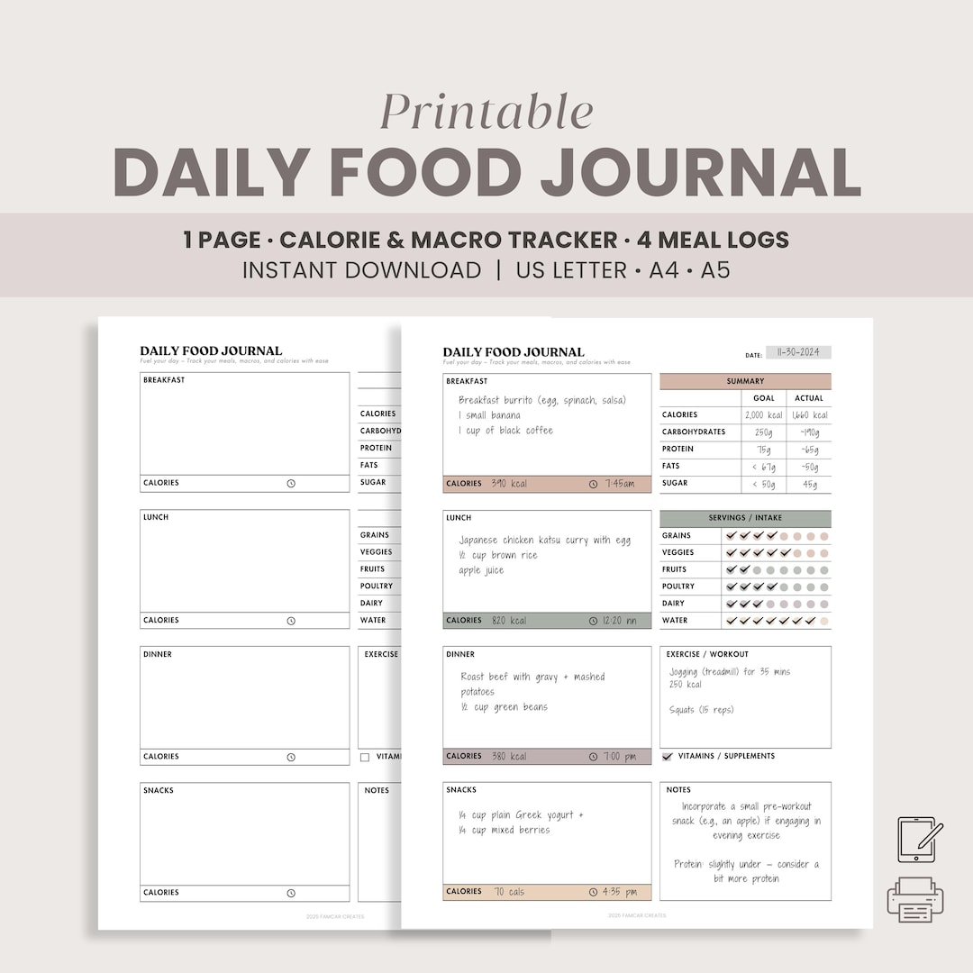 Daily Food Journal | Printable Meal Plan, Calories Tracker, Macro ...