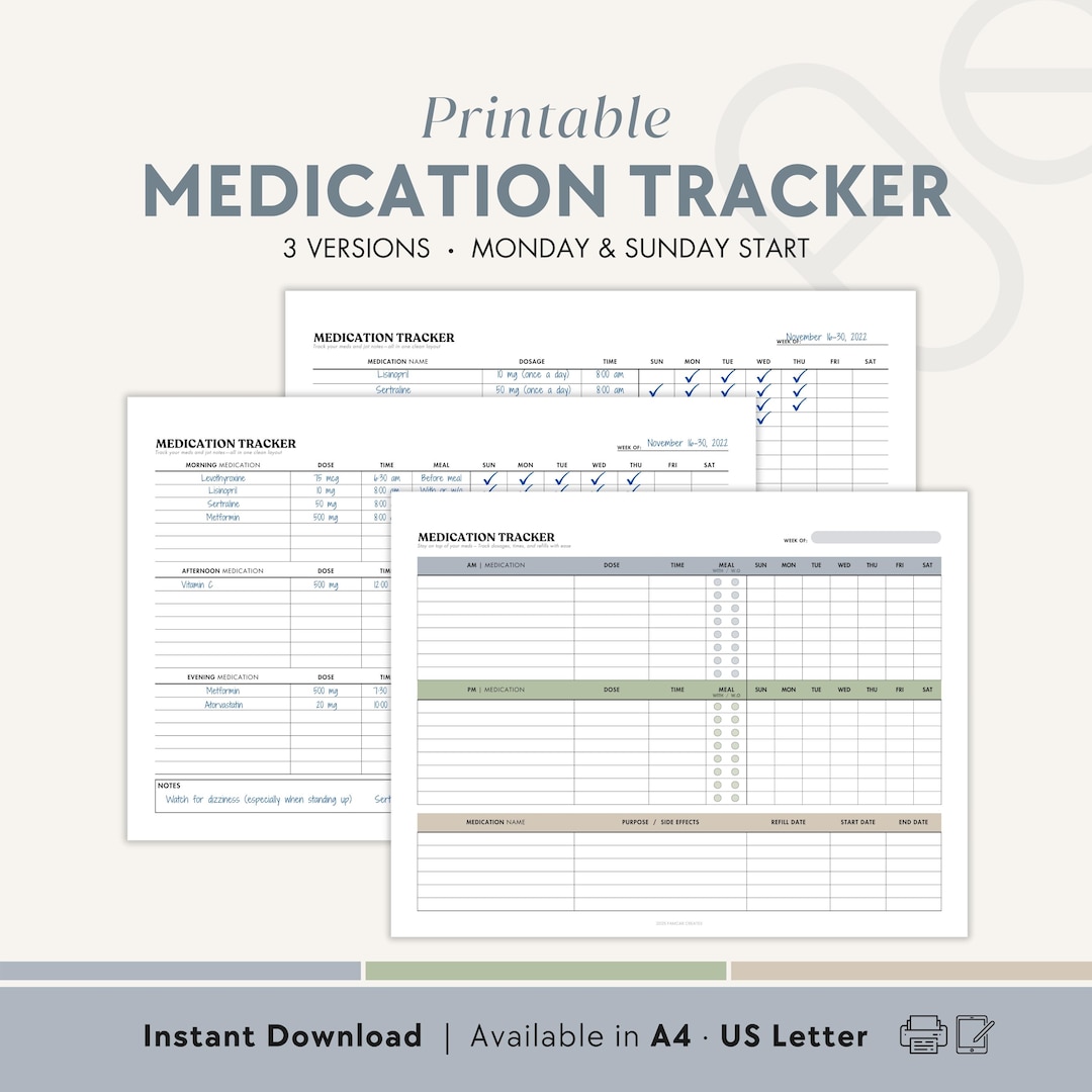 Weekly Medication Tracker Printable | AM PM Med Log, Refill Reminder ...