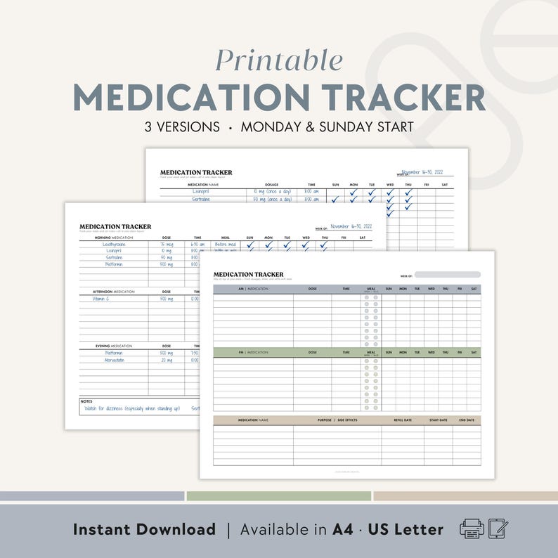 Medication Tracker Printable | Medicine Log, AM PM Refill Reminder ...