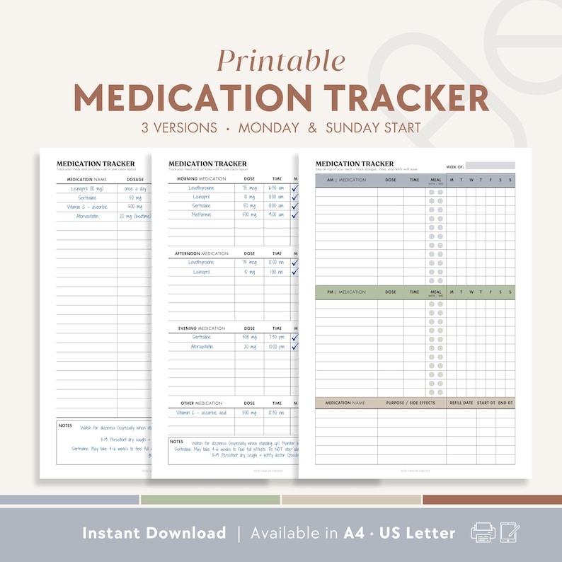 Printable Medication Tracker: AM PM Log, Refill Reminder, Caregiver ...